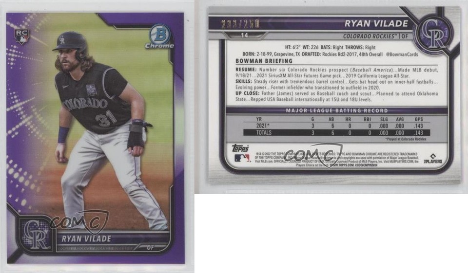 2022 Bowman Chrome Purple Refractor 233/250 Ryan Vilade #14 16mf | eBay