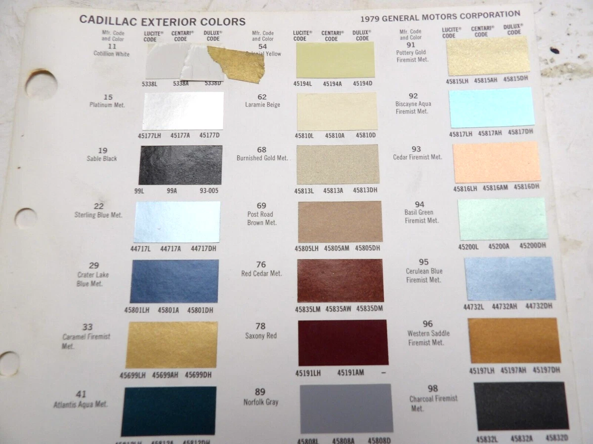 Cadillac Paint Color Chart