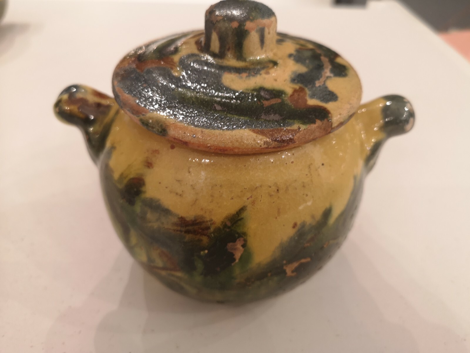 Antique primitive stoneware spongeware redware pottery sugar pot part ...