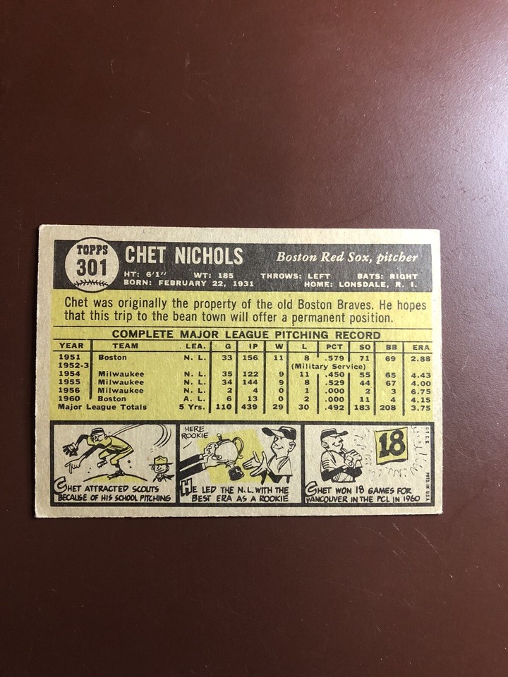 1961 Topps - #301 Chet Nichols | eBay