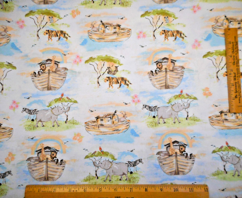 Nursery Fabric By The Yard Noahs Ark Animals on White Premium Cotton ...