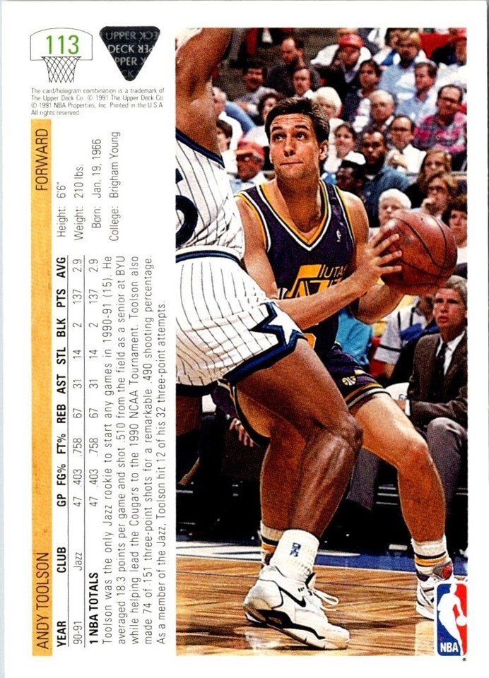1991 Upper Deck Andy Toolson #113 Utah Jazz Basketball Card | eBay