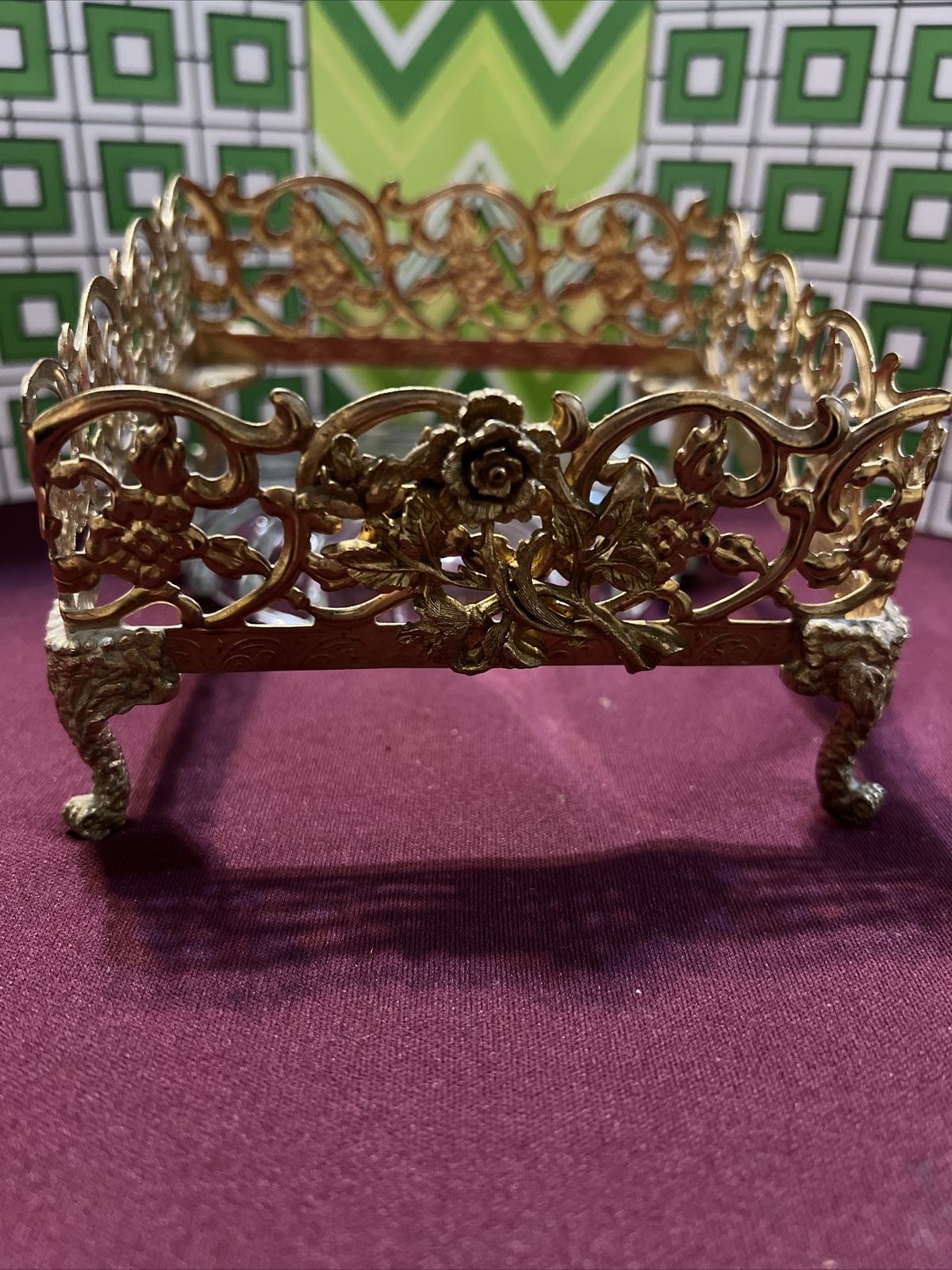 Vtg Ormolu Footed Square Gold Filigree Tissue Box Holder Rose Details ...