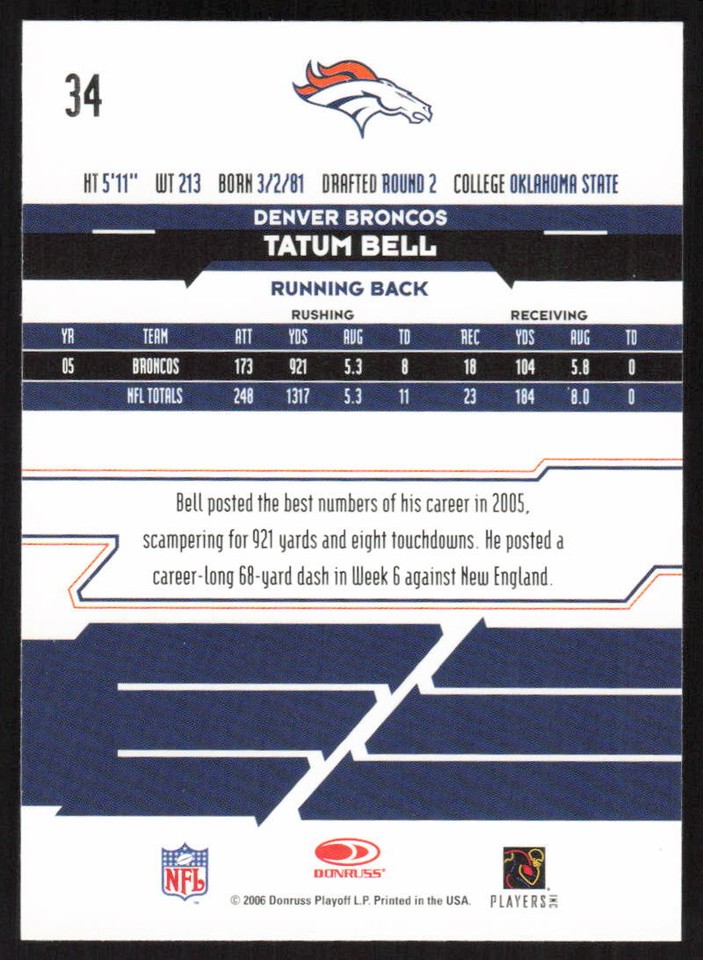 2006 Leaf Rookies & Stars Tatum Bell #34 Denver Broncos | eBay