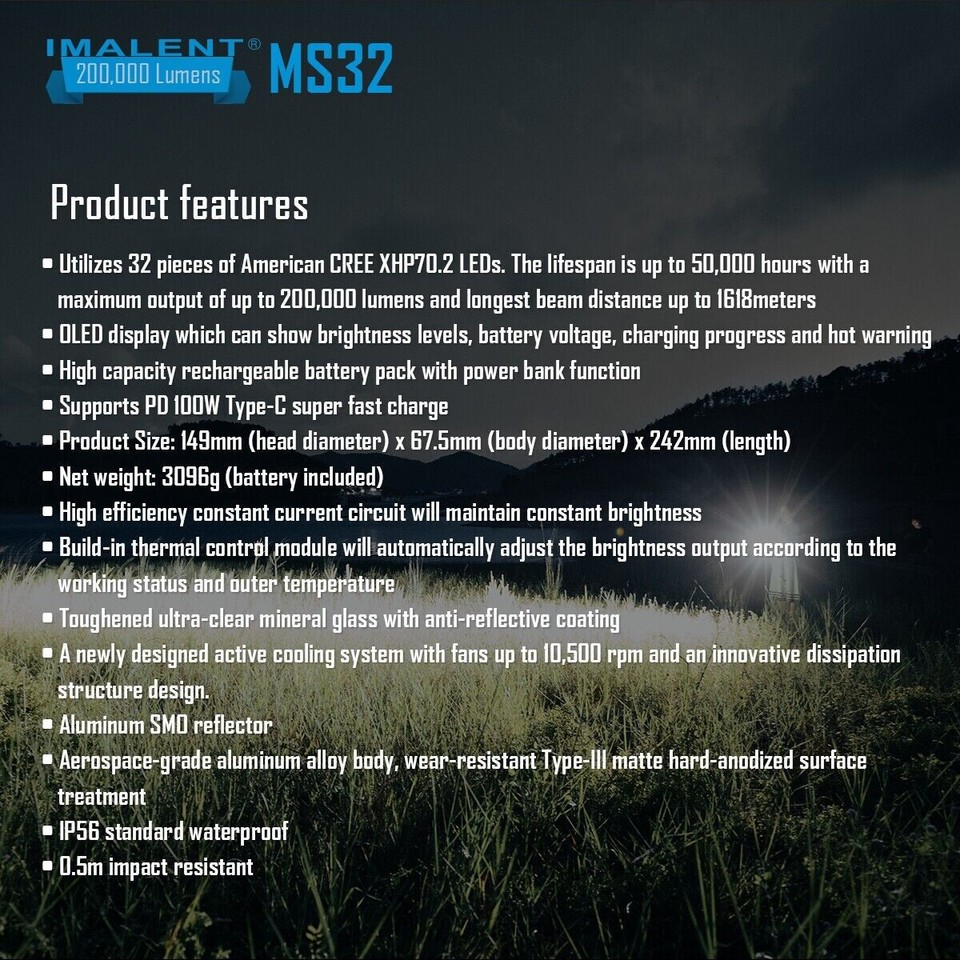 IMALENT MS32 Flashlight 200,000 Lumens 1618 Meter Bright Emergency ...