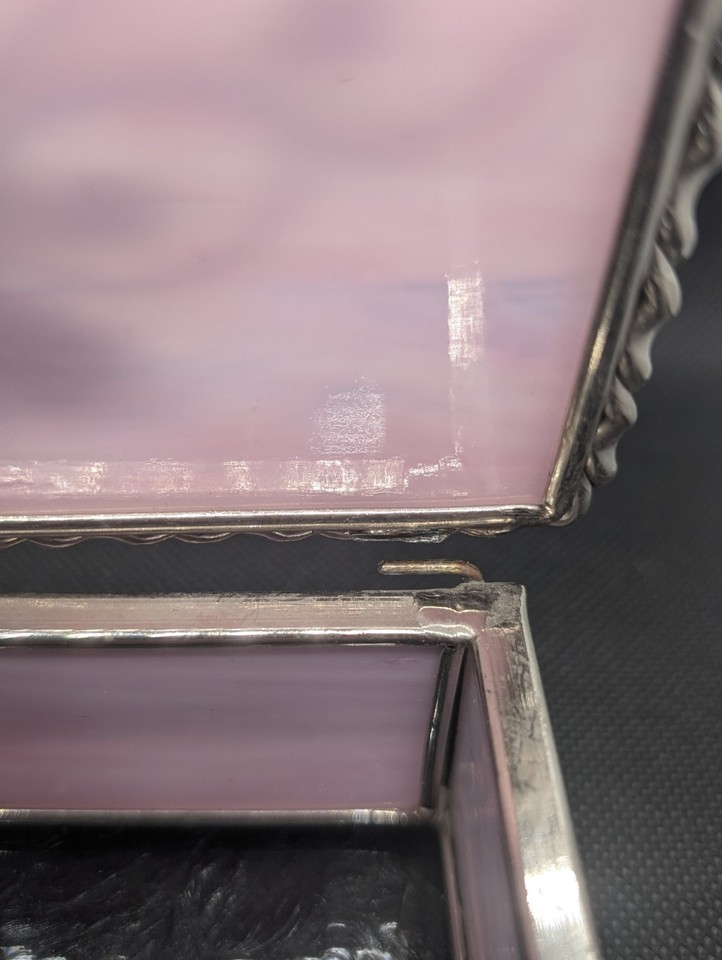 Trinket Box Handcrafted Slag Glass Pink Swirled Silver Tone Hinged 5 x ...