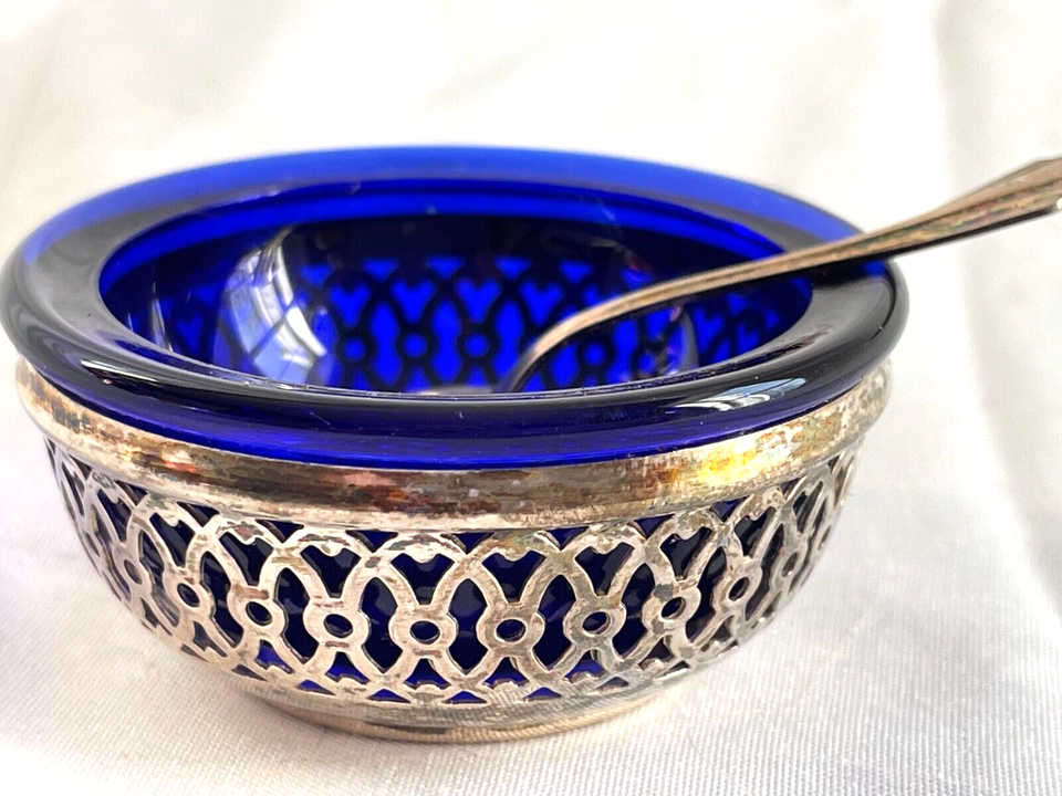 SET 6 WEBSTER STERLING SILVER COBALT INSERT SALT CELLARS & SPOONS ...