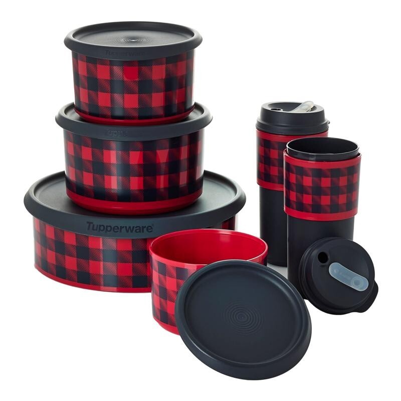 *Tupperware 12-piece Holiday Canister and Mug Set - Red & Black Plaid ...