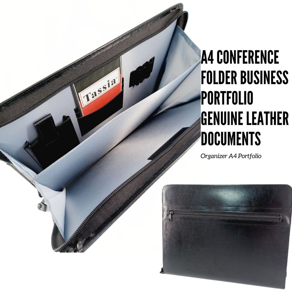 A4 Conference Folder Business Zip Portfolio Top Genuine Black Leather ...