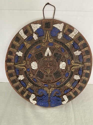 VTG. WALL PLAQUE 10" Round Clay Painted AZTEC MAYAN Sun Dial Mexican ...
