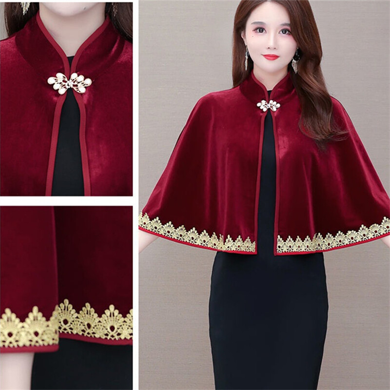 Women Lace Trim Velvet Capelet Bolero Shrug Cloak Capelet Prom Cocktail ...
