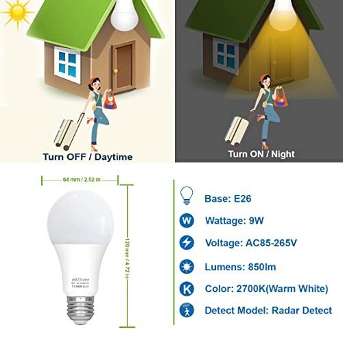 Amz Led Radar Motion Sensor Light Bulb2 Pack A19 9w Auto Motion ...