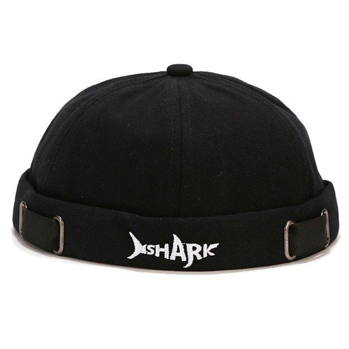 Retro Mens SHARK Embroidery Docker Brimless Cap Rolled Cuff Skullcap ...