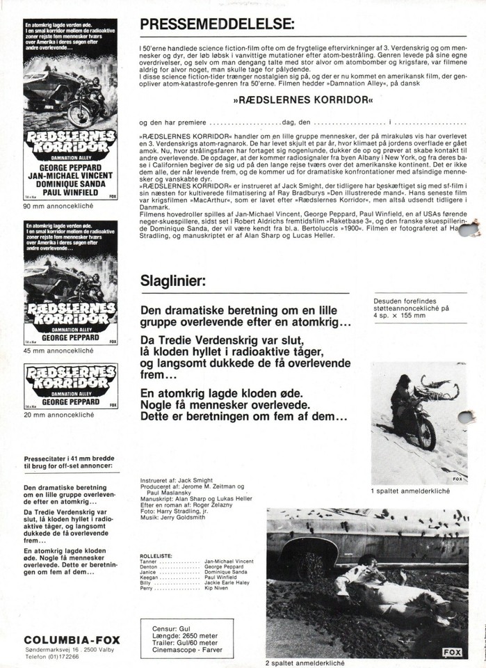 Damnation Alley Jan-Michael Vincent Peppard 1977 Vtg Danish Movie Press ...