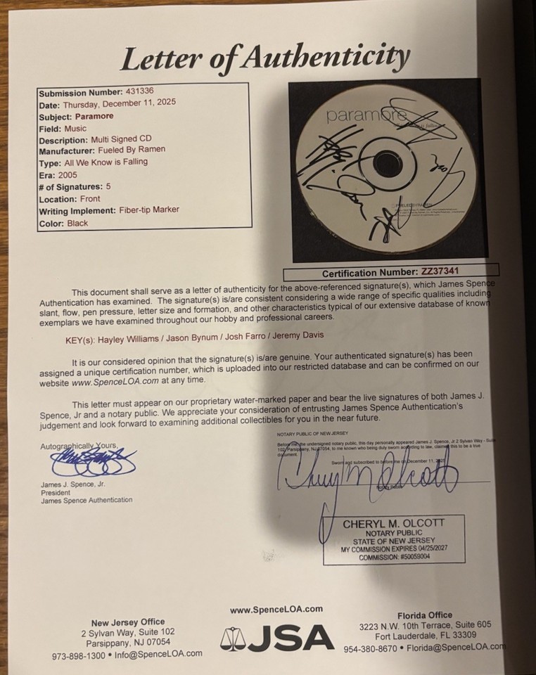 PARAMORE HAYLEY WILLIAMS +3 All We Know is Falling CD Signed JSA COA ...