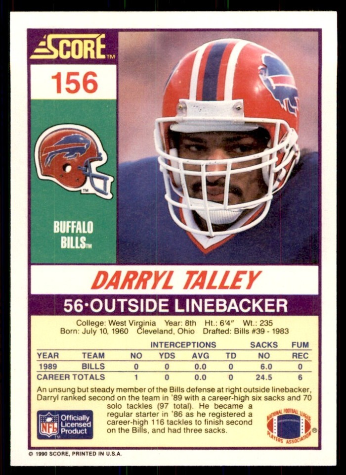 1990 Score Darryl Talley Buffalo Bills #156 | eBay
