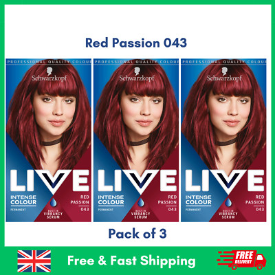 3 x Schwarzkopf Live Permanent Hair Dye RED PASSION 043 Women Hair ...