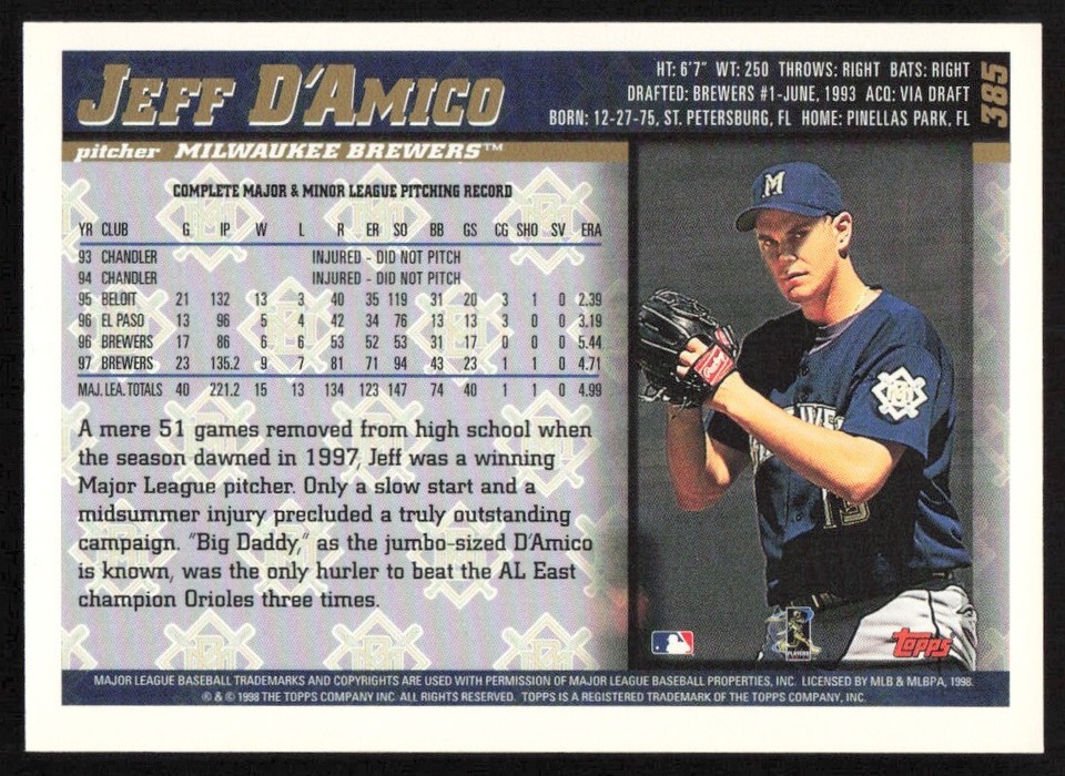 1998 Topps Baseball Jeff D'Amico #385 Milwaukee Brewers | eBay