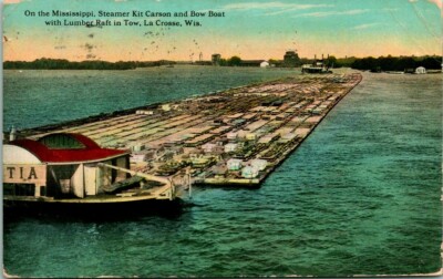 Postcard On The Mississippi Steamer Kit Carson And Bow Boat With Lumber ...