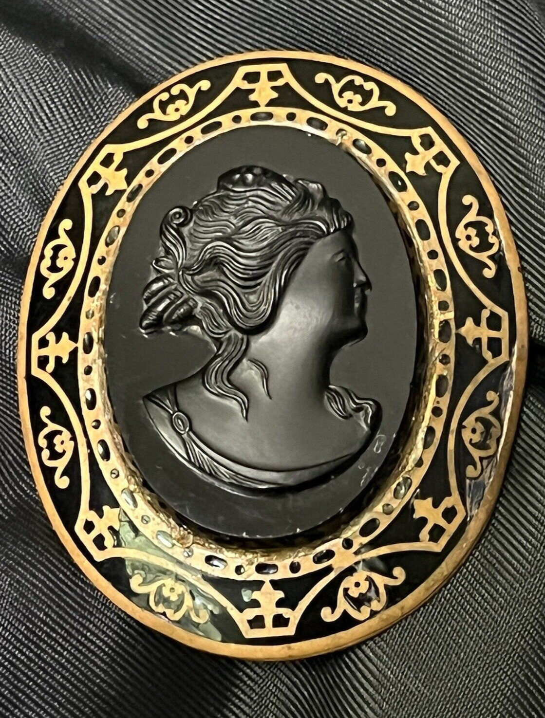 Antique Black Crystal Cameo Large Brooch With Black E… - Gem