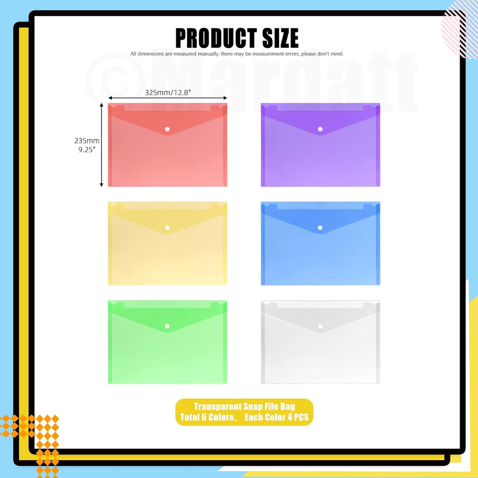24Pcs Plastic Envelopes with Snap Button Closure Color Assorted Set, 6 ...