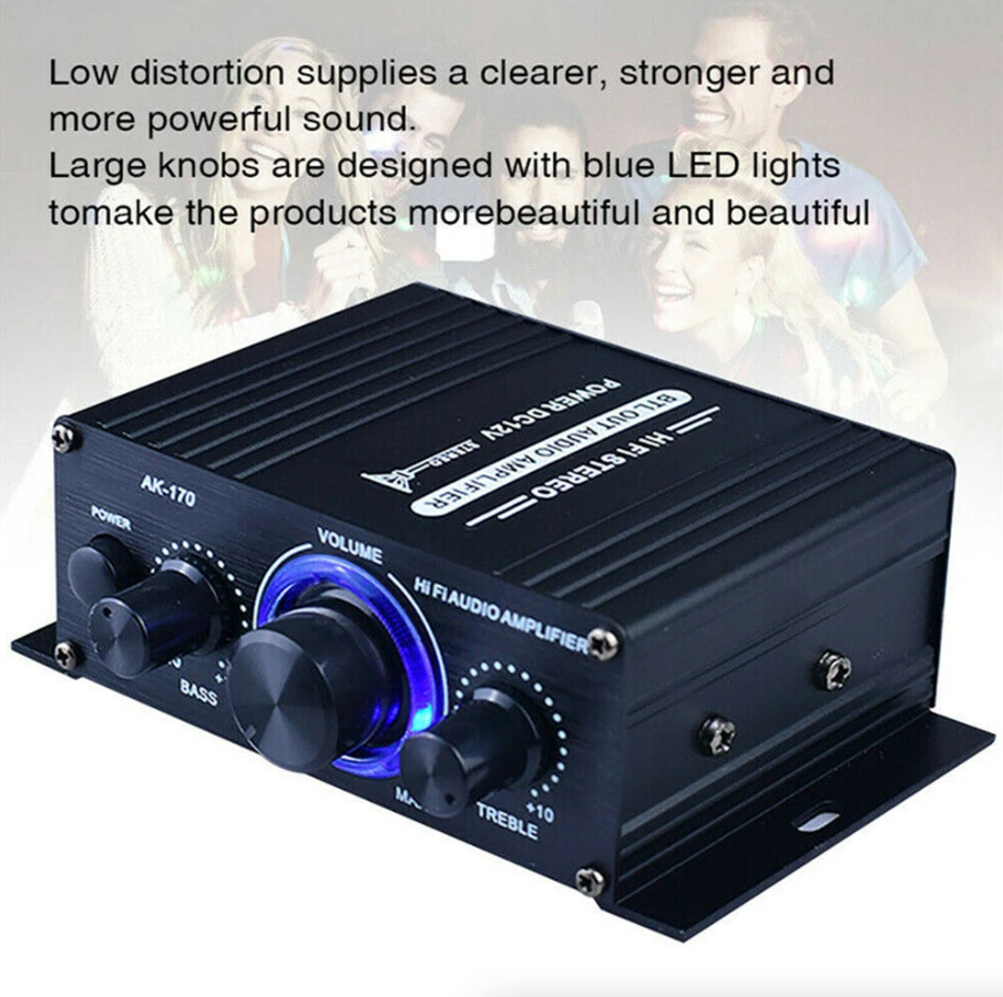 400W 12V 2 Channel Powerful Stereo Audio Power Amplifier HiFi Bass Amp ...