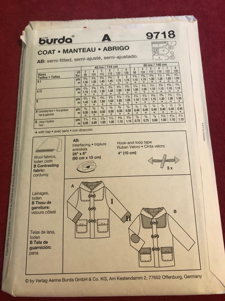 🌻 BURDA #9718 - CHILDS KNEE LENGTH COAT w/TOGGLE BUTTONS PATTERN 3-8 FF ...