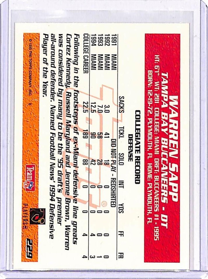 1995 Topps #229 Warren Sapp RC Rookie Tampa Bay Buccaneers Football ...