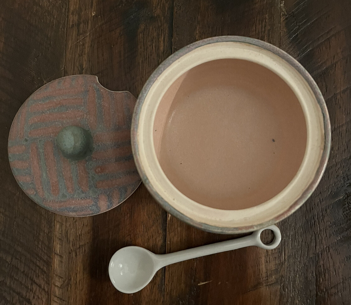 Art Pottery Sugar Bowl With Spoon Artist Signed Graff Pink Green | eBay