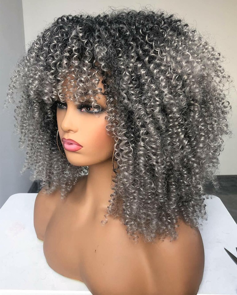 Afro Short Curly Gray Wigs for Black Women Ombre Grey Wig With Bangs ...