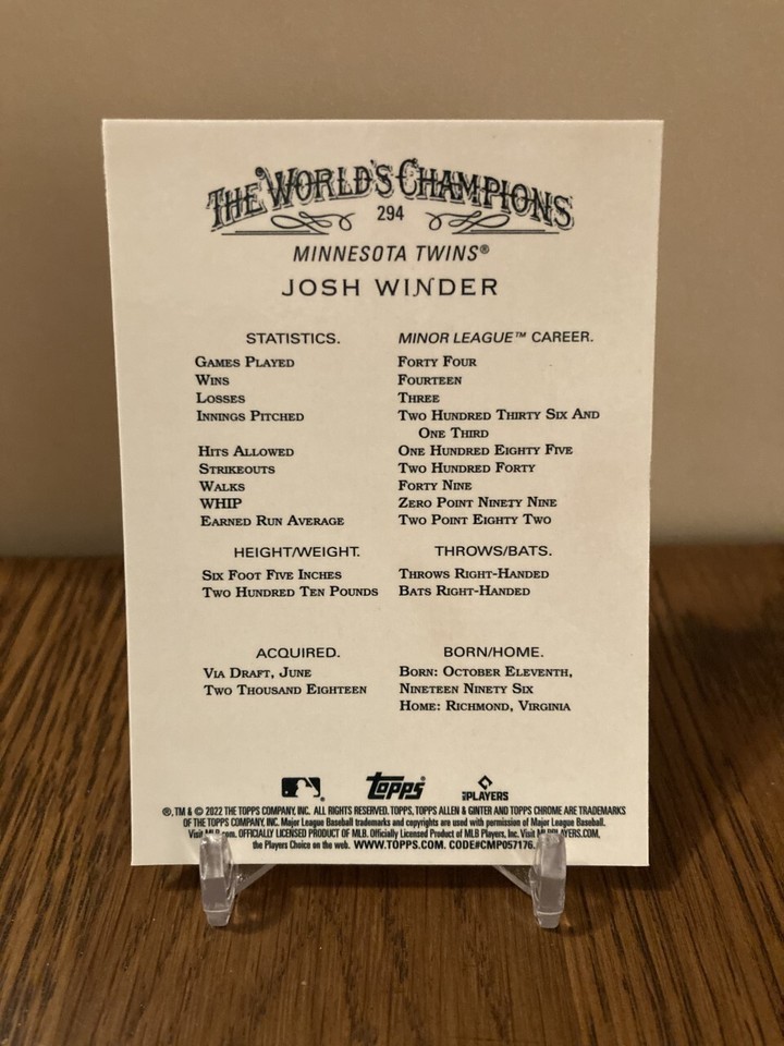2022 Topps Allen & Ginter Chrome Josh Winder RC Rookie Minnesota Twins ...