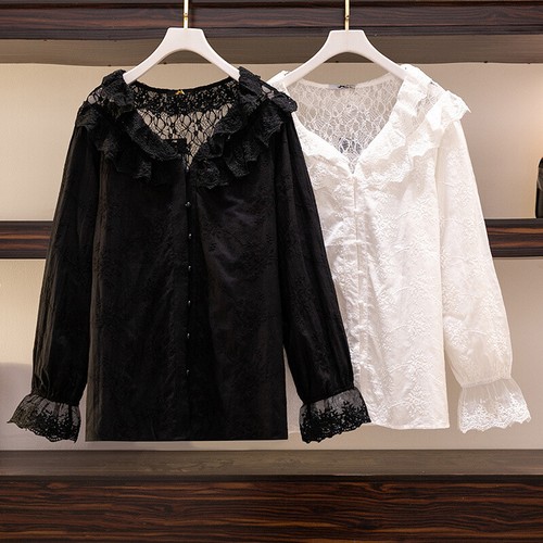 Lady Lace Ruffle Blouse Shirt Long Puff Sleeve Frill Floral Hollow Out ...