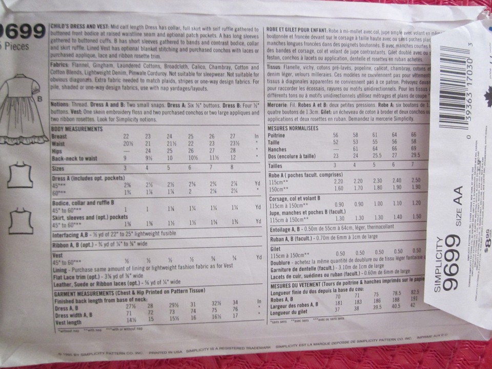 Simplicity 9699 GIRLS' DRESS & VEST FULL SKIRT PATTERN SZ 3-4-5-6 UNCUT!! | eBay