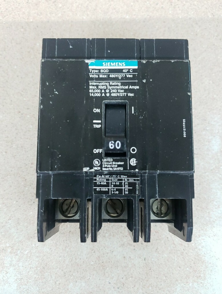 1-Siemens BQD360 Molded Case Circuit Breaker - 60A, 3-Phases, 480V | eBay