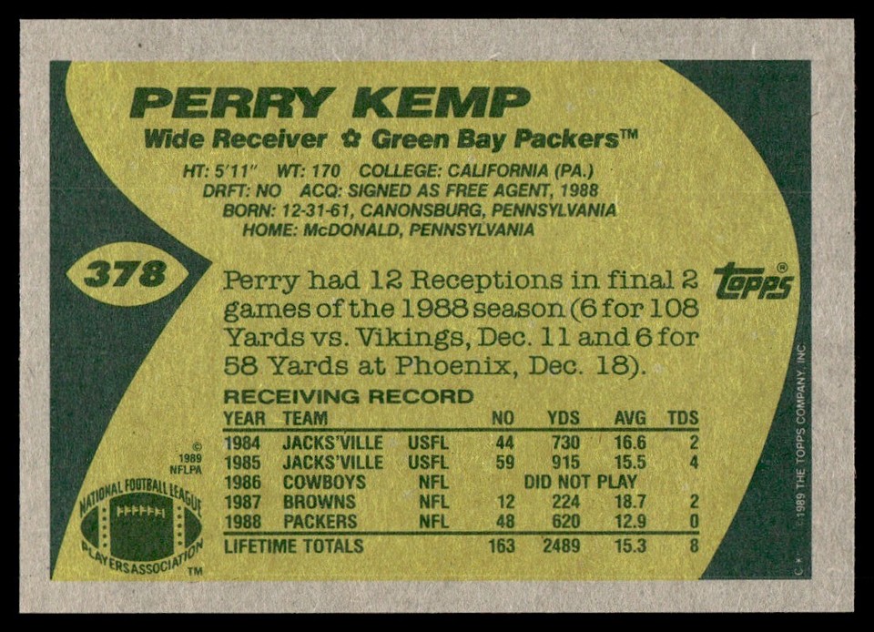 1989 Topps Perry Kemp Green Bay Packers #378 | eBay