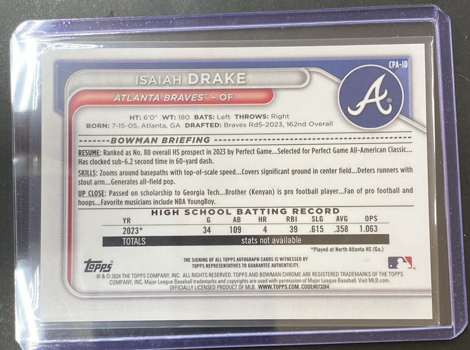 2024 Bowman Chrome Isaiah Drake 1st Choice Mojo Refractor Auto #d /150 ...