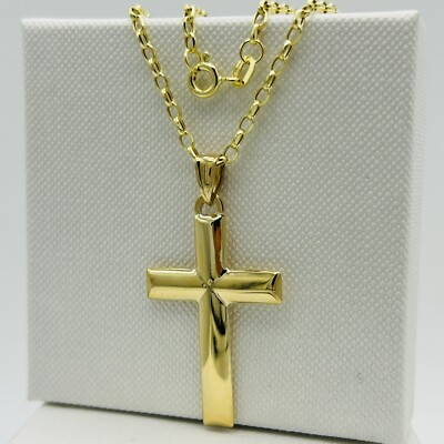 9ct REAL Gold Plain Large Cross Pendant Necklace 22 Inch Chain New ...