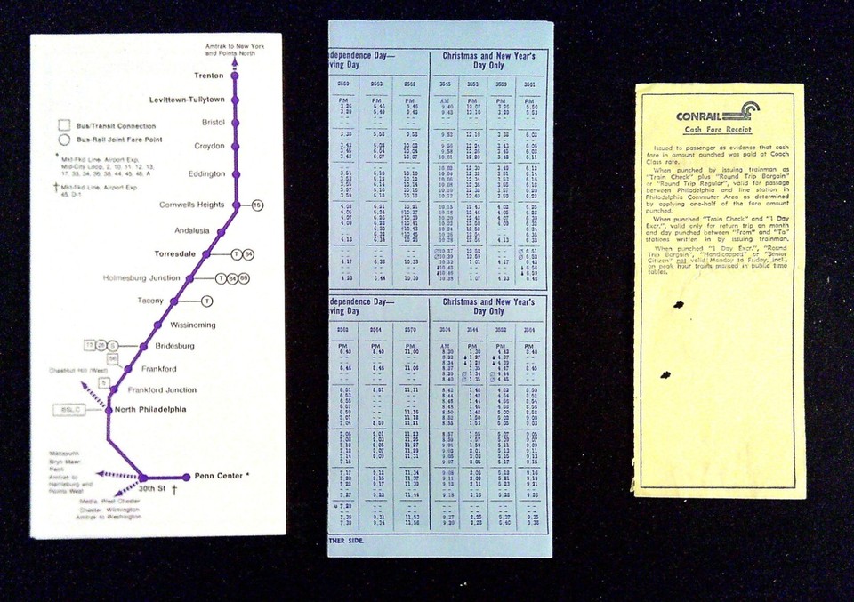 SEPTA & CONRAIL Timetables + Ticket Receipt Trenton to Philadelphia ...