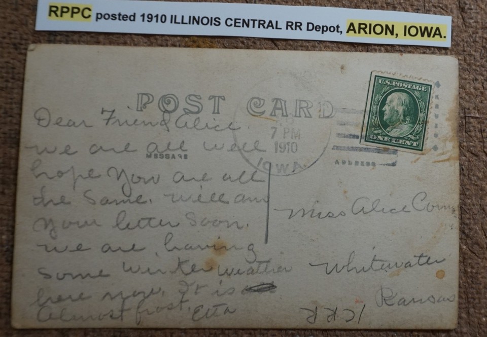RPPC posted 1910 ILLINOIS CENTRAL RR Depot, ARION, IOWA. POSTCARD REAL ...