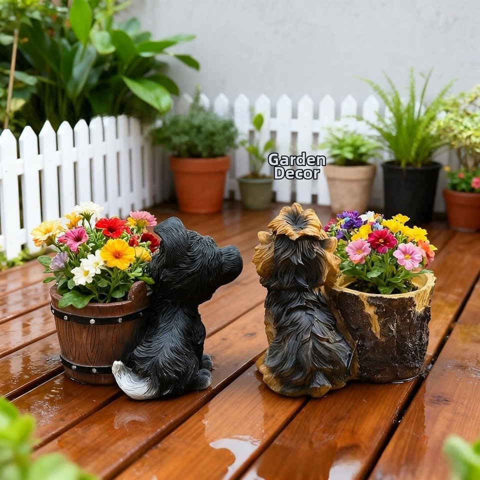 Yorkie Dog Resin Flower Pot Rustic Stump Style for Indoor Outdoor ...
