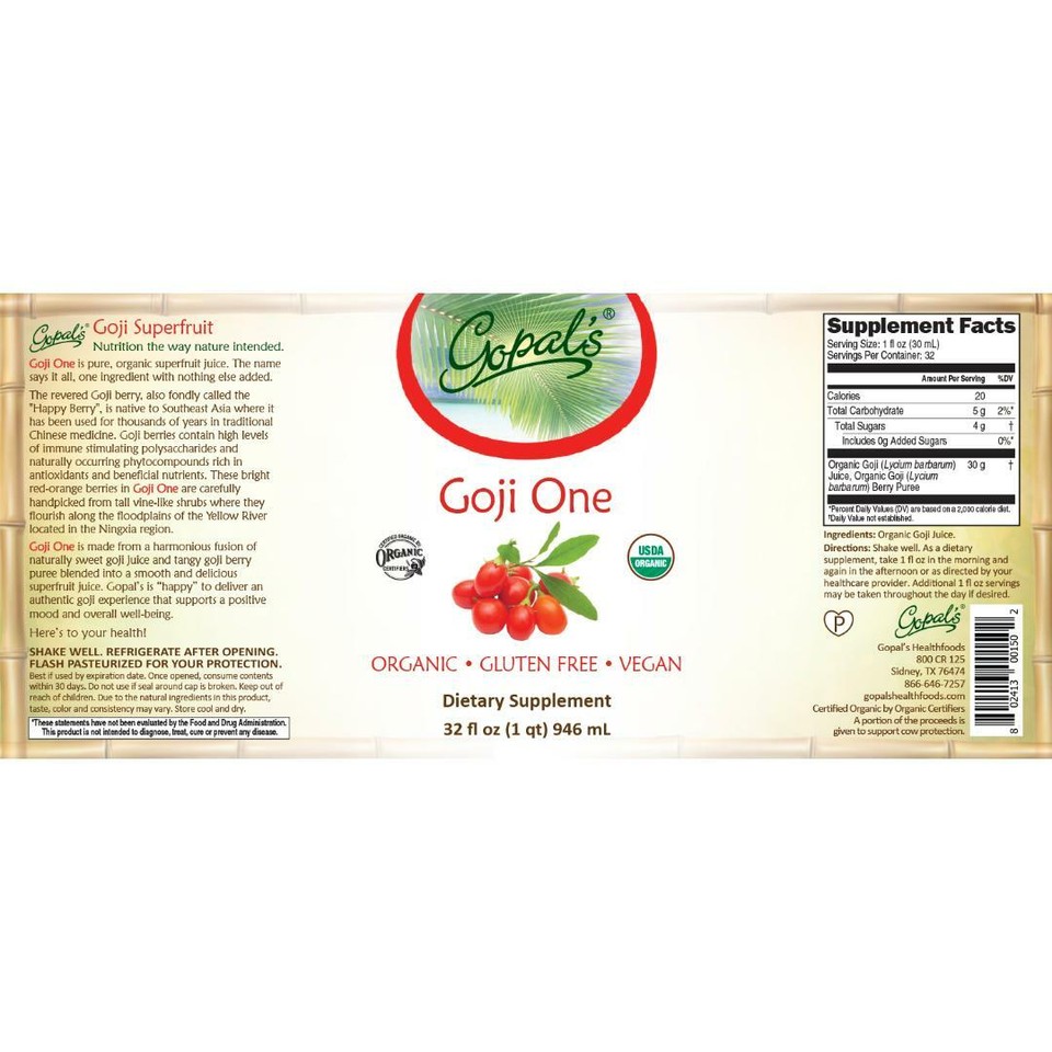 Gopals 100 % PURE Organic GOJI One Berry Juice Liquid Super Fruit 32oz ...