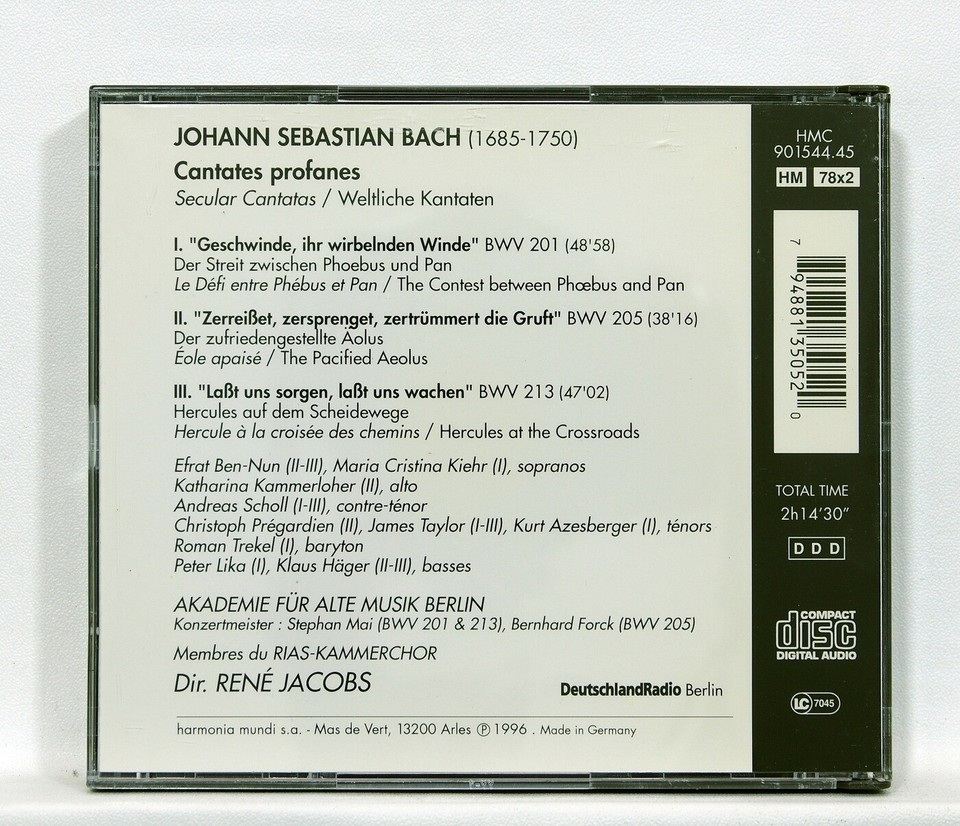 RENE JACOBS - JS BACH secular cantatas BWV.201 205 & 213 HARMONIA MUNDI ...