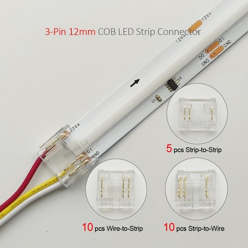3-Pin 12mm COB LED Strip Connector Kit for Solderless Strip-to-Wire and ...
