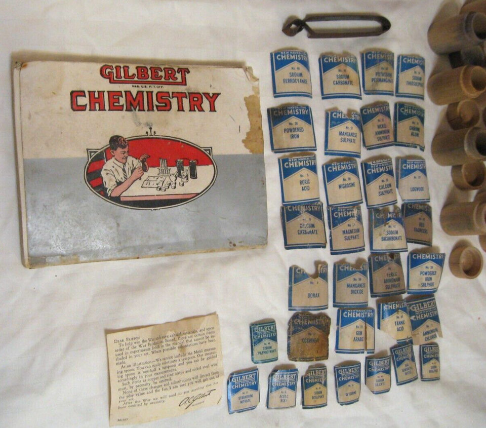 Vtg. 1936 A.C. Gilbert Chemistry Set pieces, Book, Rare wood containers ...