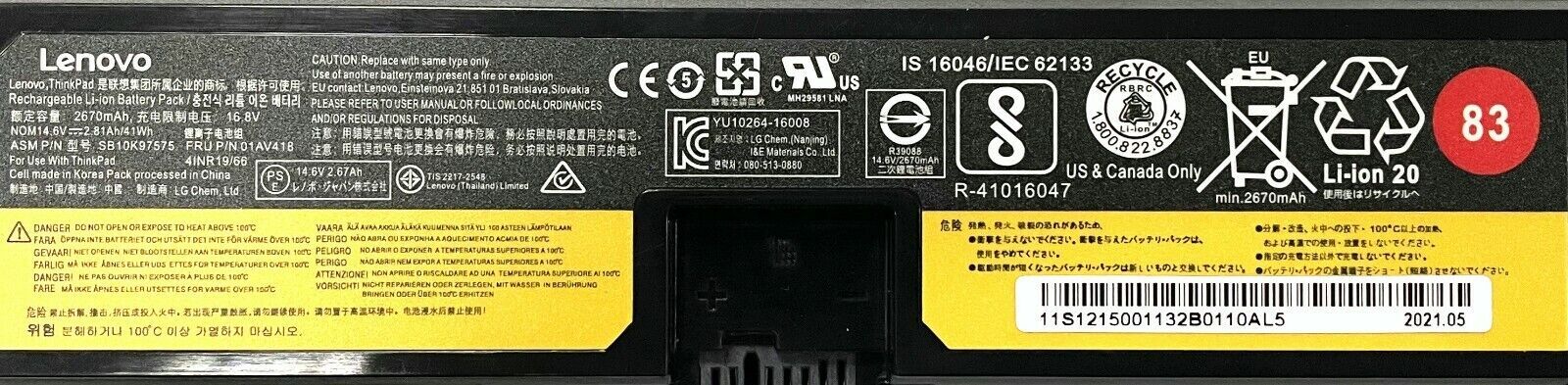 Genuine Lenovo ThinkPad Battery 14.6v 2.81ah 41wh 01AV418 for sale ...