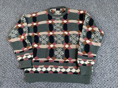 VTG Textured Geometric Pattern Sweater Adult XL Green Brown Chunky Knit ...
