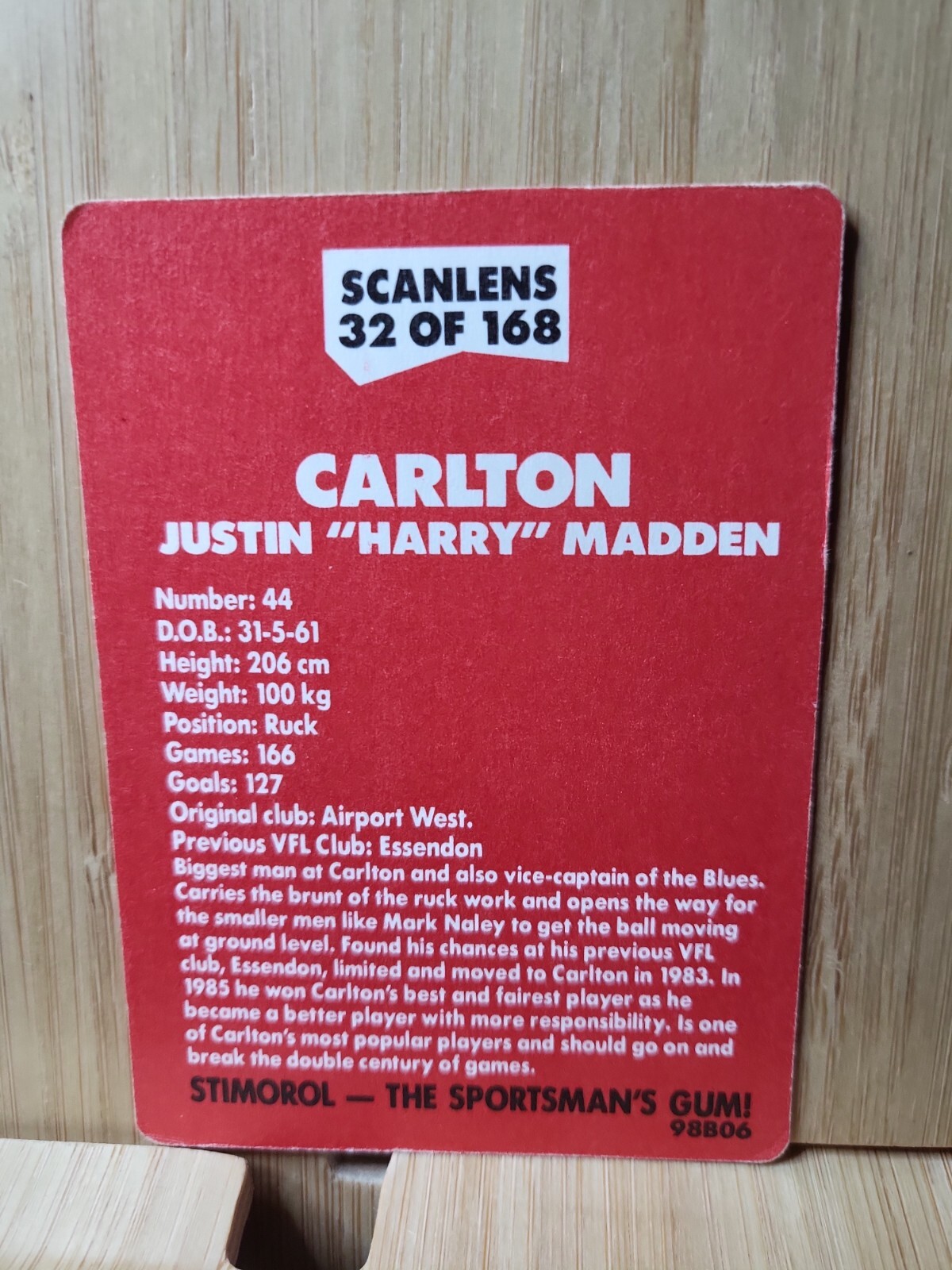 JUSTIN "HARRY" MADDEN🏆1989 Scanlens #32 CARLTON Stimorol AFL Trading ...
