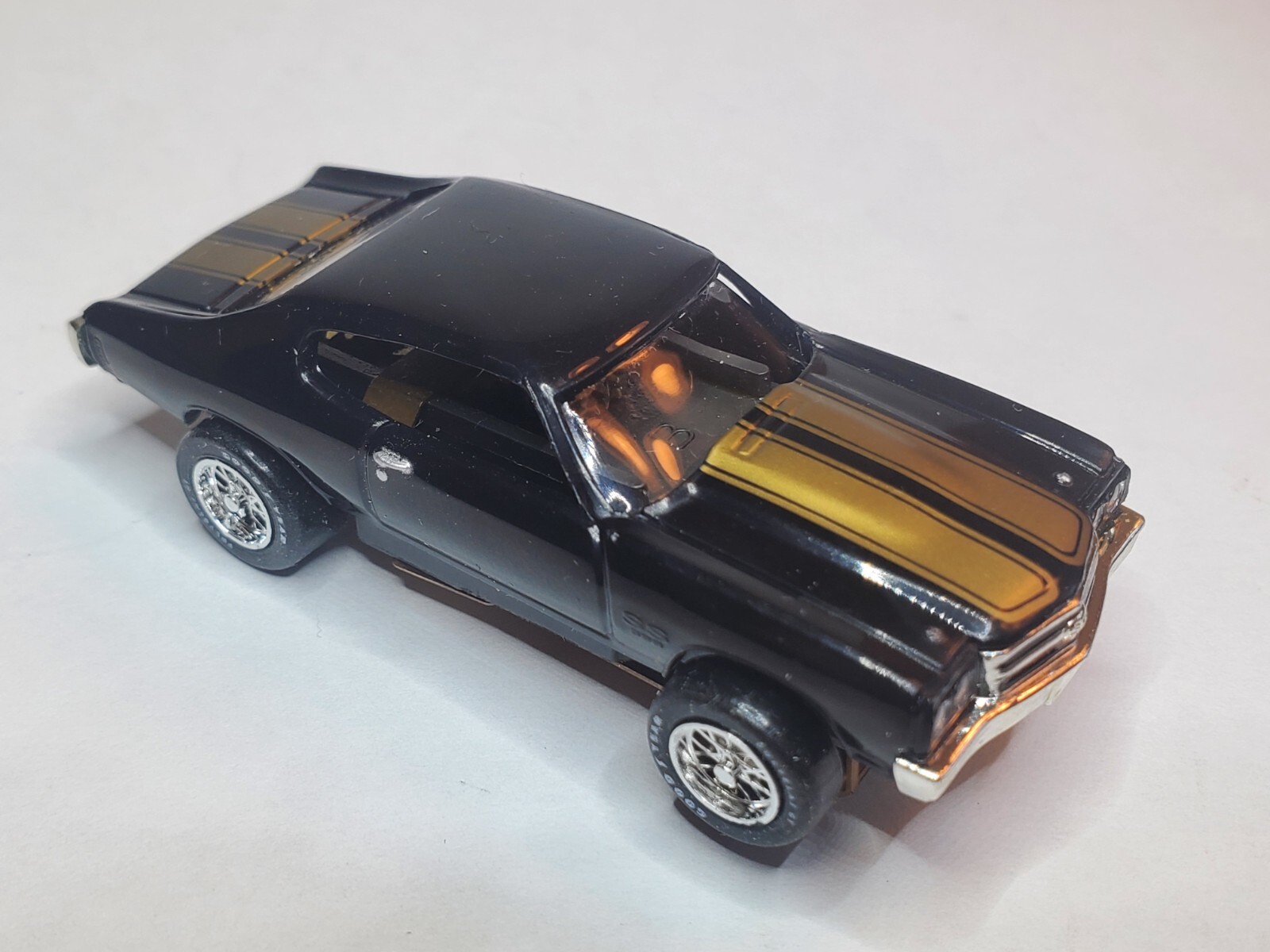 70 CHEVELLE BLACK, Tjet HO Slot Car,AURORA CHASSIS, CHROME RIMS ...