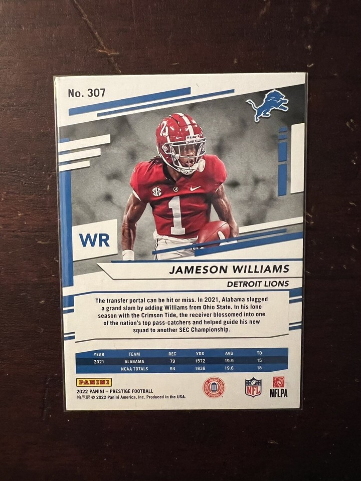 2022 Prestige Football Jameson Williams Rookie Card #307 Alabama ...