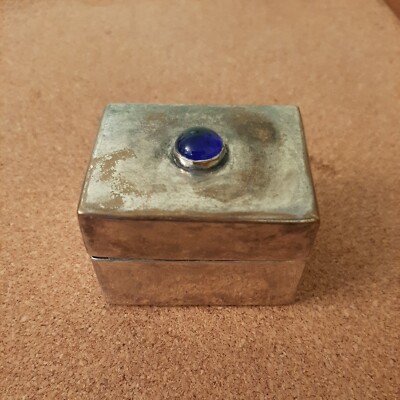 Bombay Duck aluminium snuff trinket box with blue glass stone inset ...